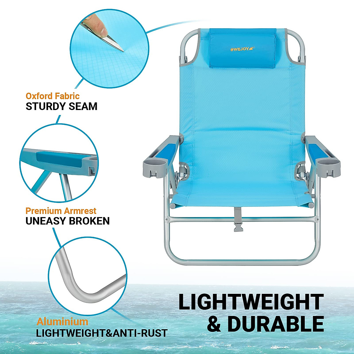 #WEJOY 2 Pack Oversized Backpack Beach Chair, 5 Adjustable Folding Reclining Beach Chairs,Portable High Back Low Chair with Backpacking Strap,Bottle Opener,Phone&Cup Holder for Camping Sand,300 Lbs