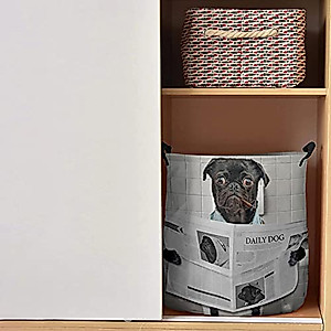 Collapsible Laundry Basket - 16.5 x 17 In Smoking Pug Sitting on The Toilet Storage Bin Laundry Hamper with Handles, Funny Watching Newspaper Waterproof Clothes Baskets for Bedroom/Kids Room
