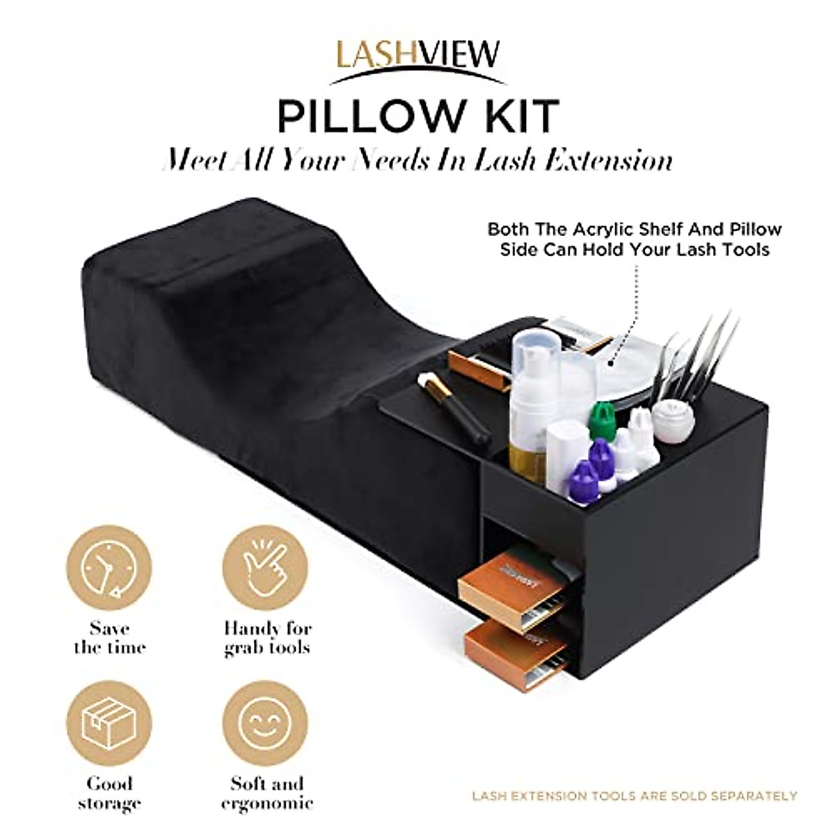 LASHVIEW Lash Pillow for Lash Extensions，Eyelash Extension Neck Pillow With Acrylic Shelf Organizer Stand, PU Leather Waterproof Lash Extension Grafting Pillow Makeup Tool Display Cabinet Shelves