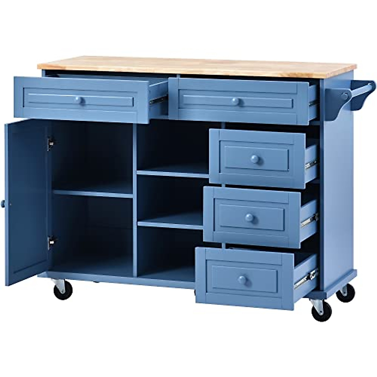 Merax Rolling Mobile Kitchen Island Cart with Wood Desktop and Storage Drawers, 53 Inch Width, Blue