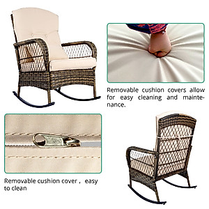 IBITION 3-Piece Outdoor Rocking Chairs Set of 2， Wicker Patio Furniture Modern Rattan Chair Conversation with Cushions & Glass Table for Garden,Backyard, Bistro(Khaki)