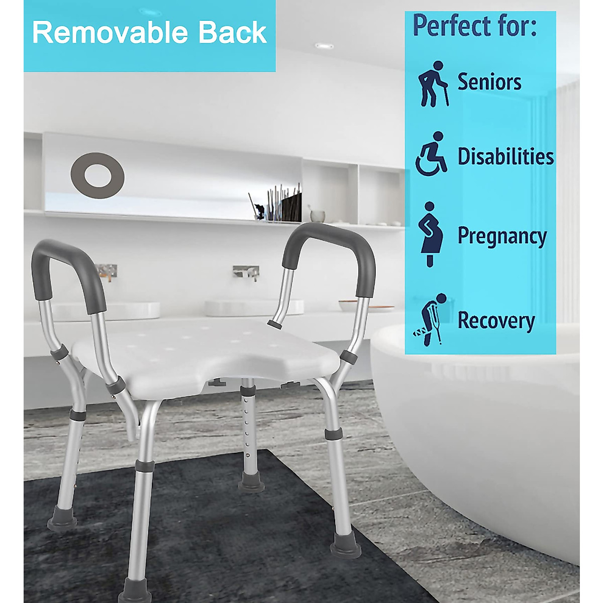 DECTRII Shower Chair with Back and Arms, 300 LBS Heavy Duty Shower Bath Seat for Handicap, Padded Bathtub Chair with Handles Shower Cutout Seat for Disabled, Seniors & Elderly