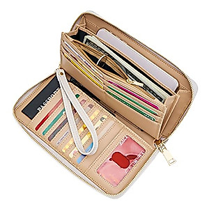 WOZEAH Women's RFID Blocking PU Leather Zip Around Wallet Clutch Large Travel Purse (A creamy white)