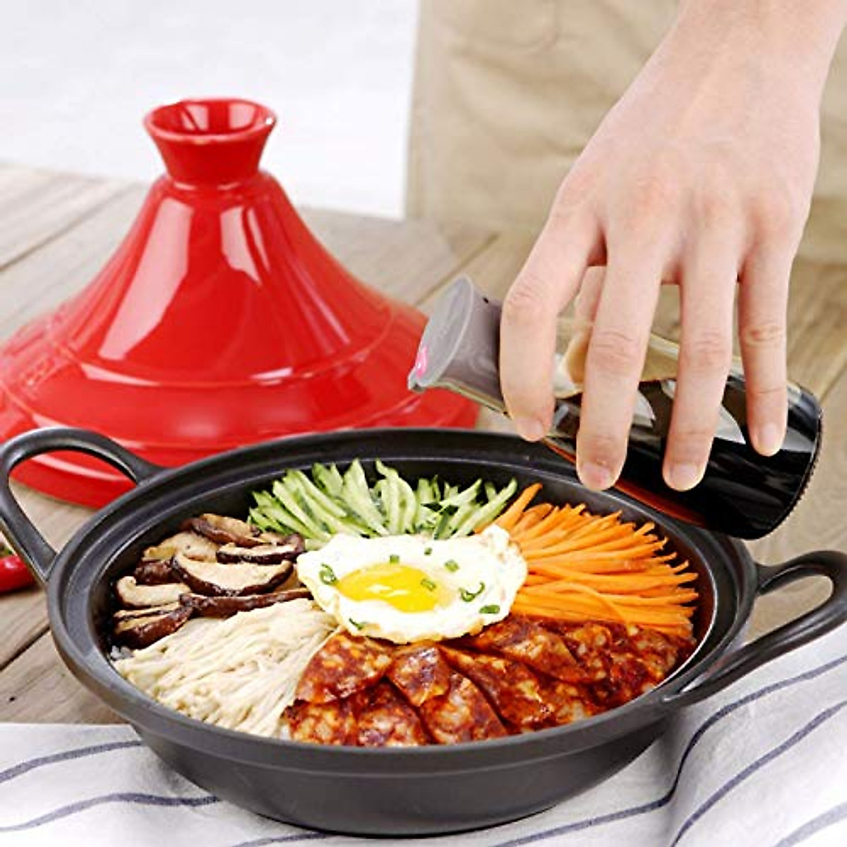 JINXIU Casserole Moroccan Tagine Cooking Pot, 27 cm Tagine with Ceramic Lid and Silicone Gloves, Cast Iron Tagine for Different Cooking Styles - Lead Free