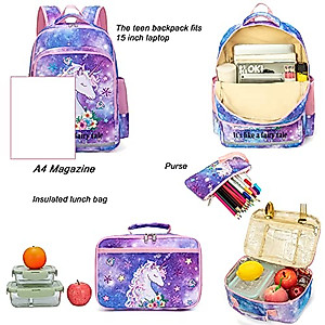 BTOOP Girls Backpack Kids Elementary Bookbag Girly School Bag with Insulated Lunch Tote and Pencil Pouch (Galaxy- Purpel Blue)