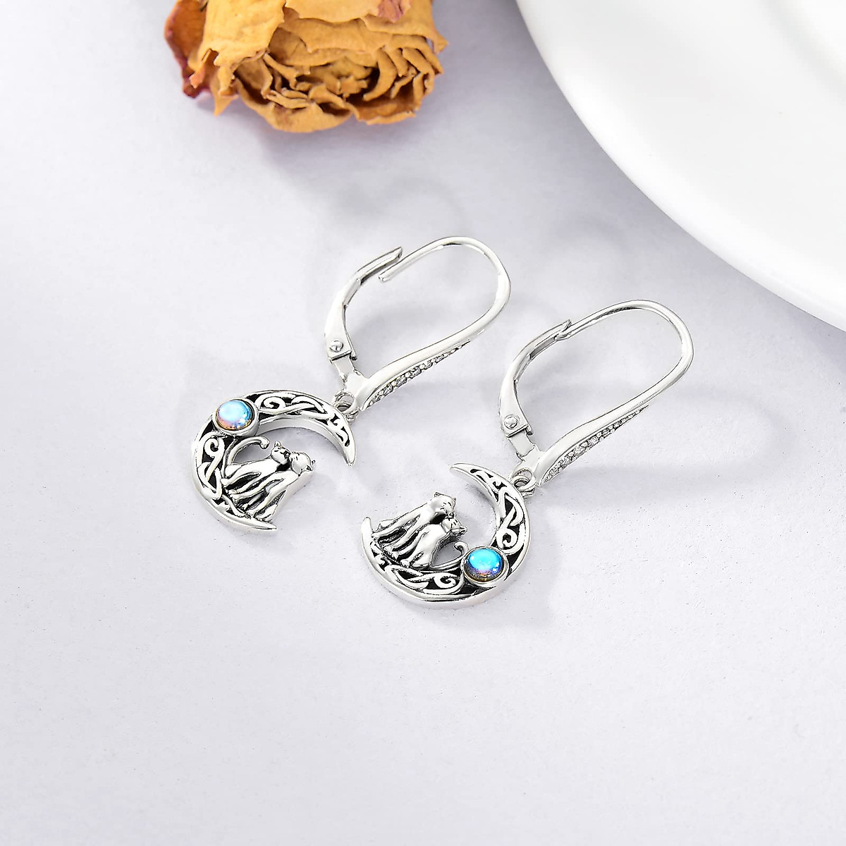 YAFEINI Cats Dangle Earrings Sterling Silver Crescent Moon and Moonstone Drop Earrings Jewerly Gifts for Cats Lovers Women (Cats Dangle Earrings)