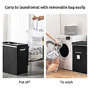 Fiona's magic Double Laundry Hamper with Lid, Dirty Clothes Laundry Basket with 2 Removable Liner Bags, Divided Laundry Hamper 2 Section for Bedroom, Laundry Room, Bathroom Black & Grey