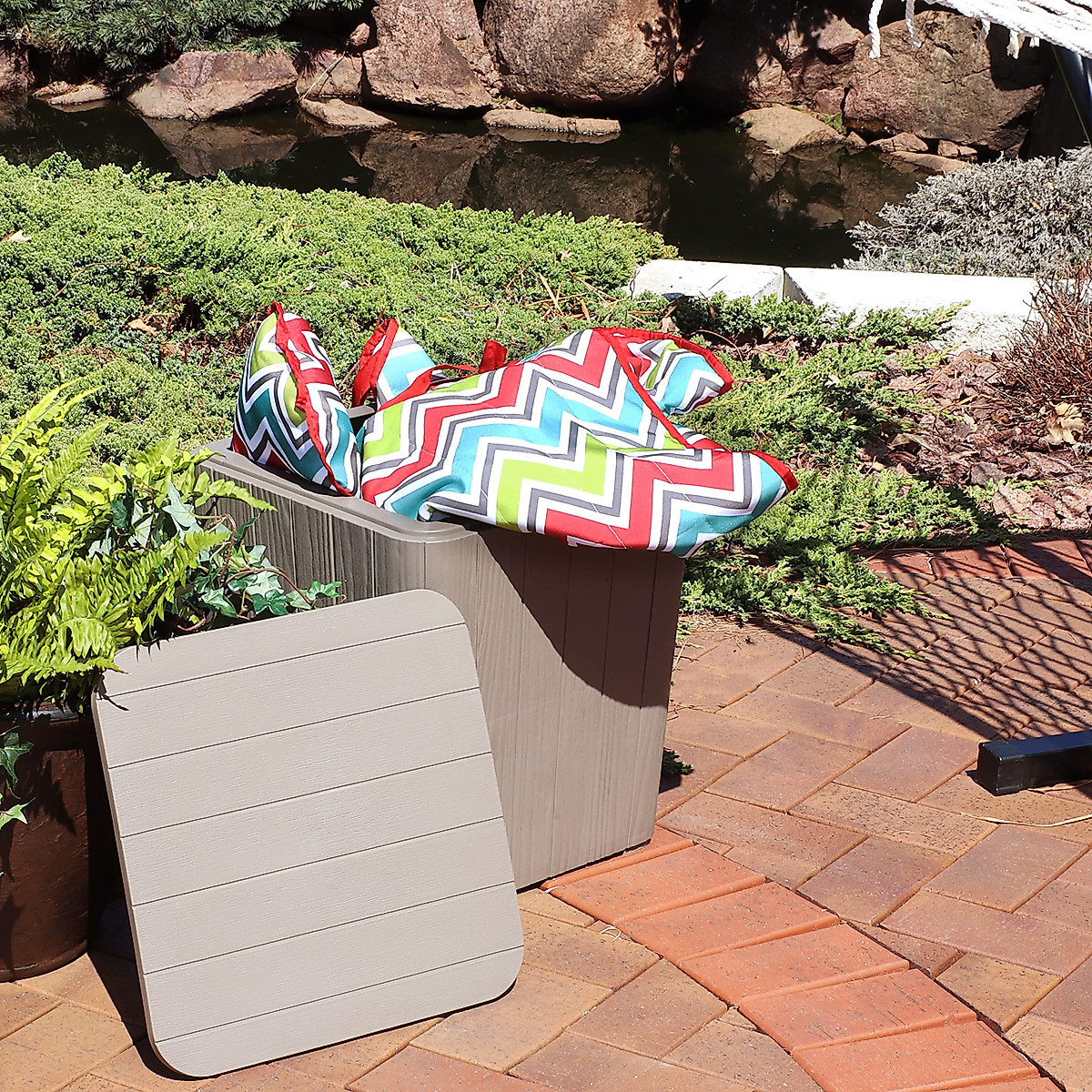 Sunnydaze 11.5-Gallon Deck Storage Box with Flat Top and Faux Wood Design - Driftwood