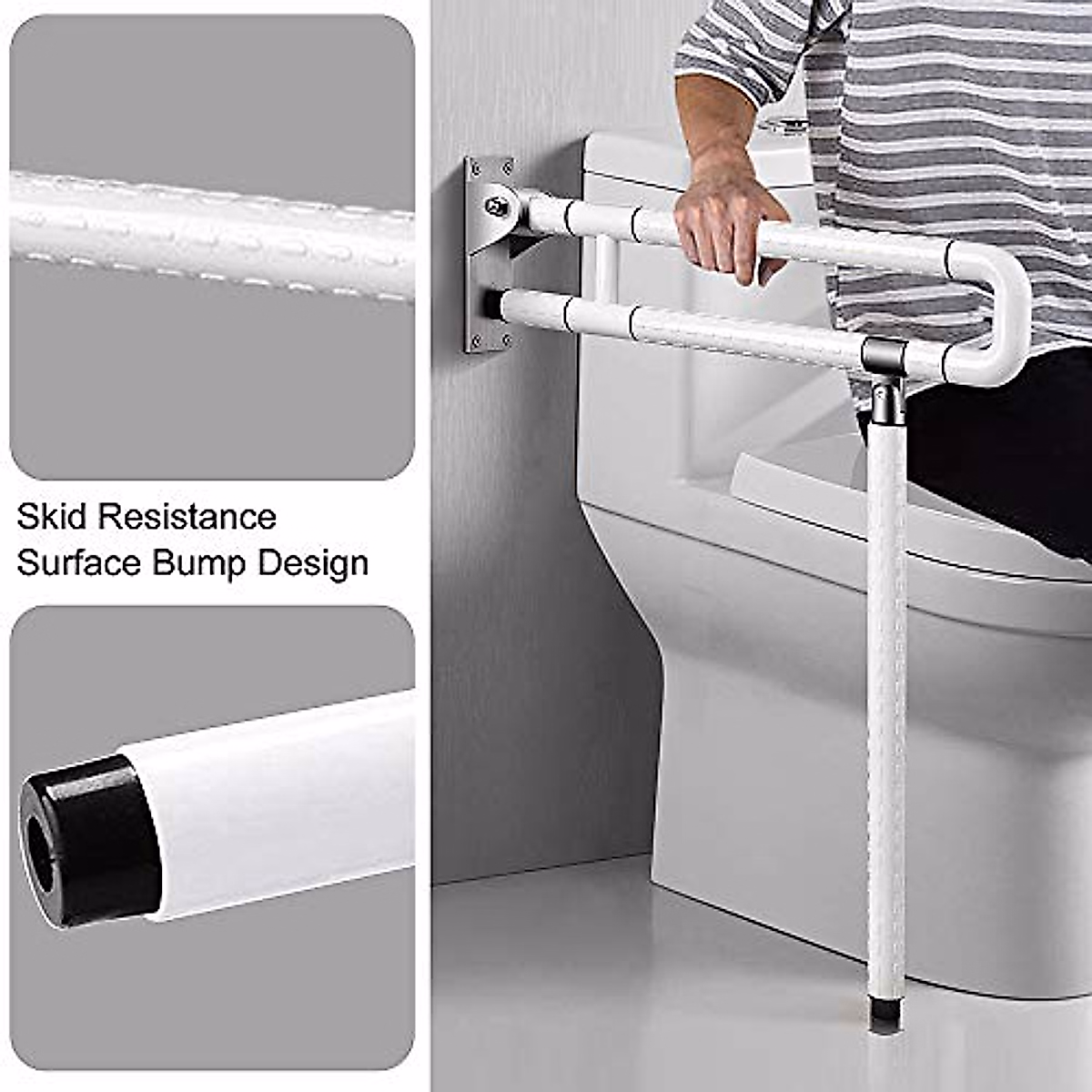 Handicap Grab Bars for Bathroom, Foldable Stainless Toilet Grab Bar with Textured Grip, 29.5(L) x27.5(H) inches Flip Up Toilet Safety Rails with Leg for Elderly