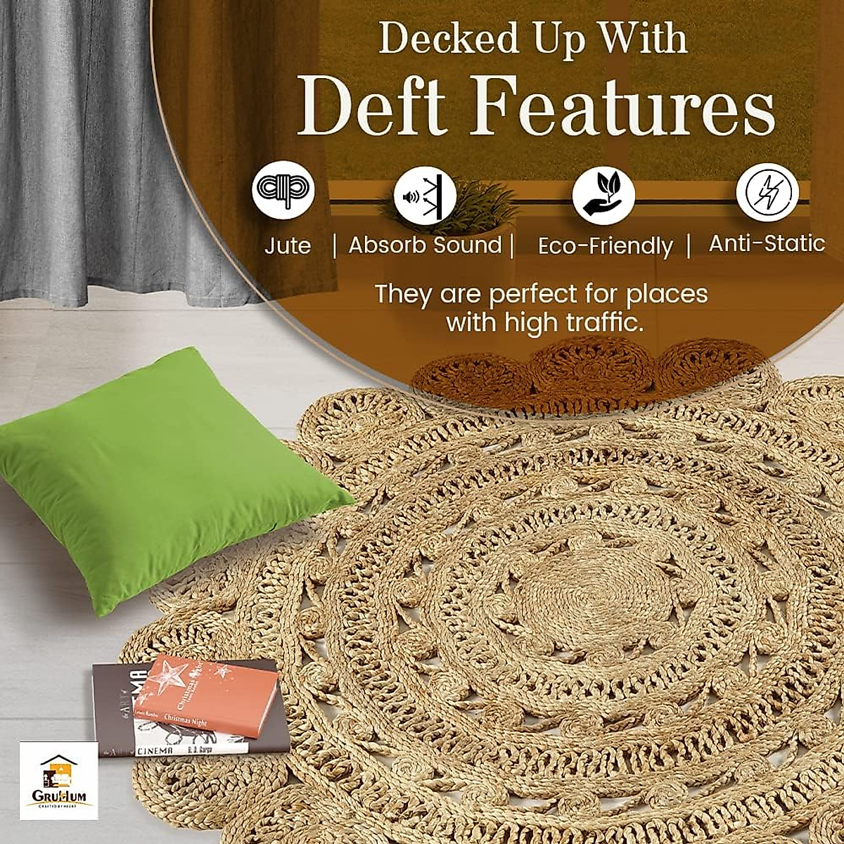 GRUHUM Handwoven 4ft Jute Area Rug-Natural Fiber Round Handmade Boho Farmhouse Rustic Vintage Soft Braided Reversible Rug-Indoor EcoFriendly Kitchen Bedroom Living Room Hallways Enterways 4'feet Round