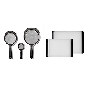 OXO Good Grips 3-Piece Strainer Set (Black) and 2-Piece Plastic Cutting Board Set (Clear)