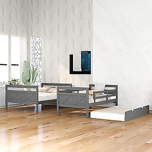 SOFTSEA Twin Over Full Bunk Bed with Trundle, Modern Bunk Bed with Ladder and Guardrails for Kids, Solid Wood Bunk Bed Frame, Can be Converted into 2 Beds Full Bed with Trundle and Loft Bed, Gray