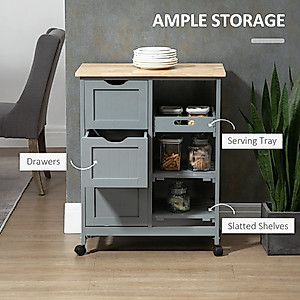 HOMCOM Rolling Kitchen Island Cart, Bar Serving Cart, Compact Trolley on Wheels with Wood Top, Shelves & Drawers for Home Dining Area, Grey