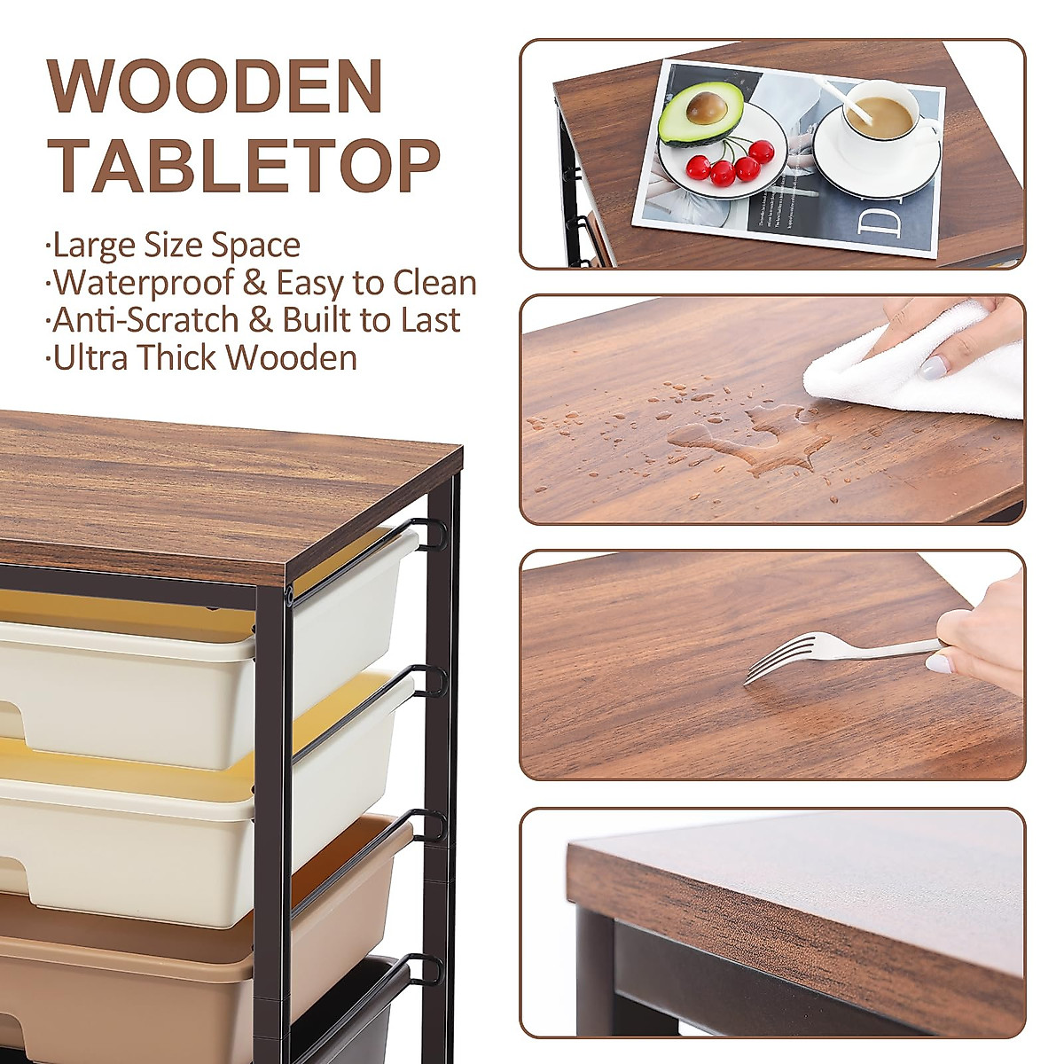 TOOLF Utility Cart with 5 Drawers,Storage Drawer Cart with Wooden Tabletop and Lockable Wheels,Craft Storage Trolley Cart,5-Tier Rolling Utility Cart on Wheels (Brown)