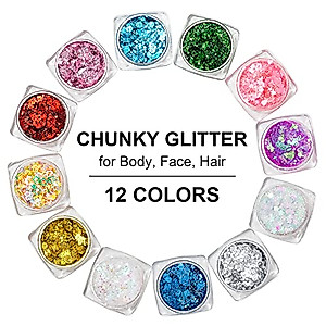 12 Colors Body Glitter Gel Kit, Super Long Lasting Holographic Chunky Glitter Gel Festival Party Makeup for Face, Body, Hair, Nail Art, Eyeshadow, 3Pcs Sponge Makeup Brush Include (Set A)