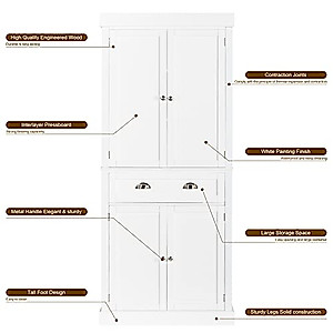 VINGLI 72In Freestanding Kitchen Pantry Cabinet with Doors and Shelves and Drawer, Pantry Cupboard, Tall Wooden Storage Cabinet with Shelves, Assembly Required, White
