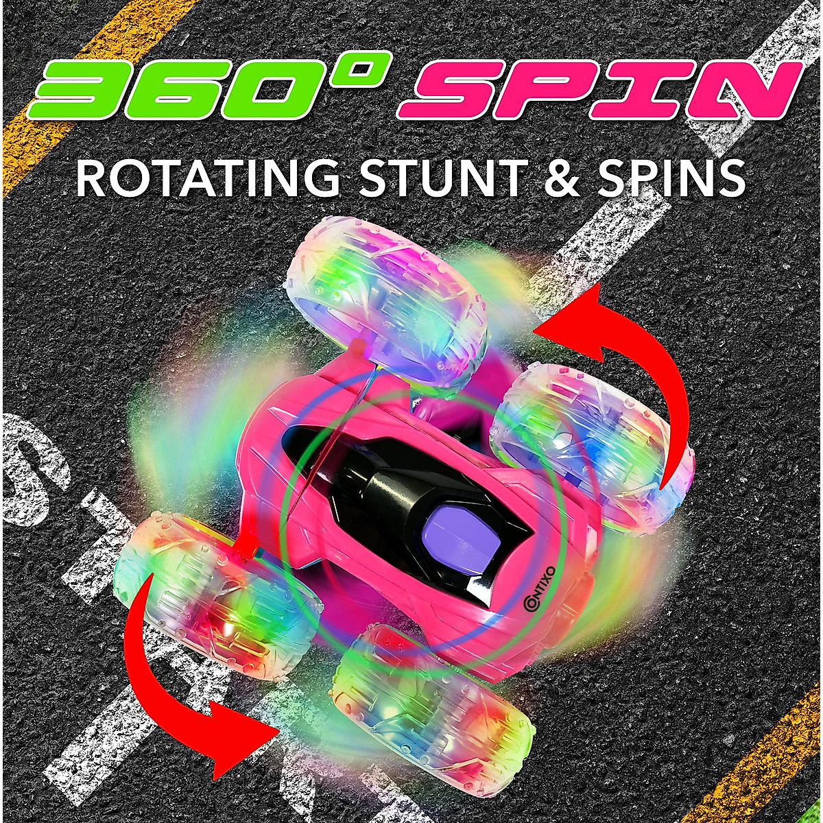 Contixo RC Stunt Car 4WD 2.4Ghz - Double Sided 360° Rotating Remote Control Toy with Lights, for Boys & Girls Age 4-12 Pink