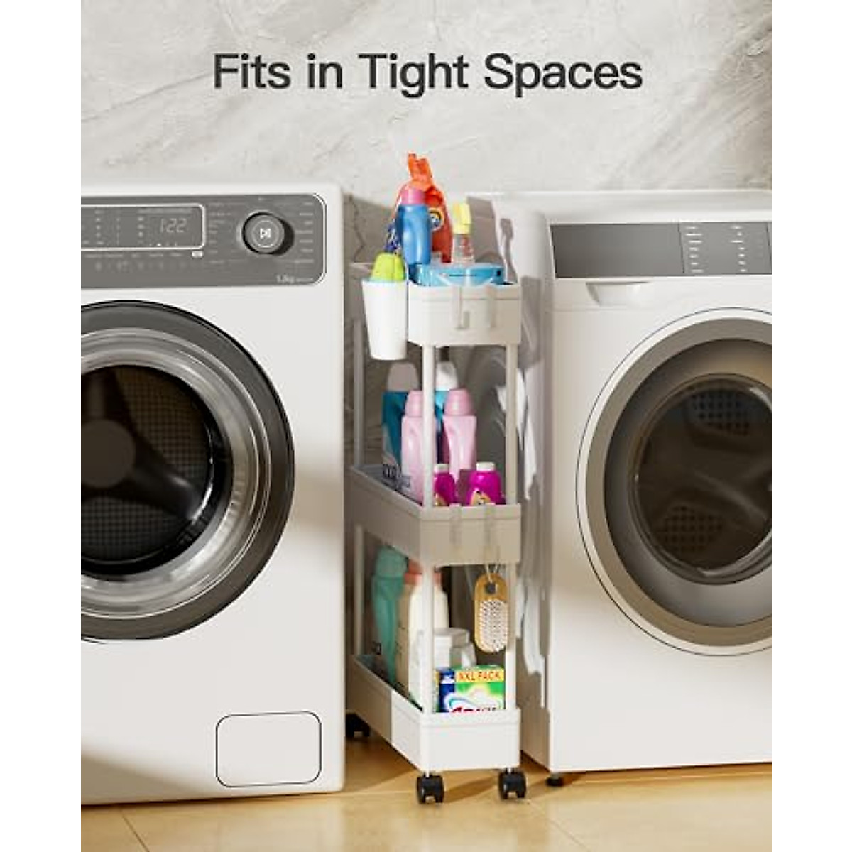 Pipishell Bathroom Cart, 2 Pack Slim Storage Cart Organizer with Hanging Cups & Hooks, Rolling for Bathroom, Laundry Room, Kitchen, Set of 2, PIUC07WK2