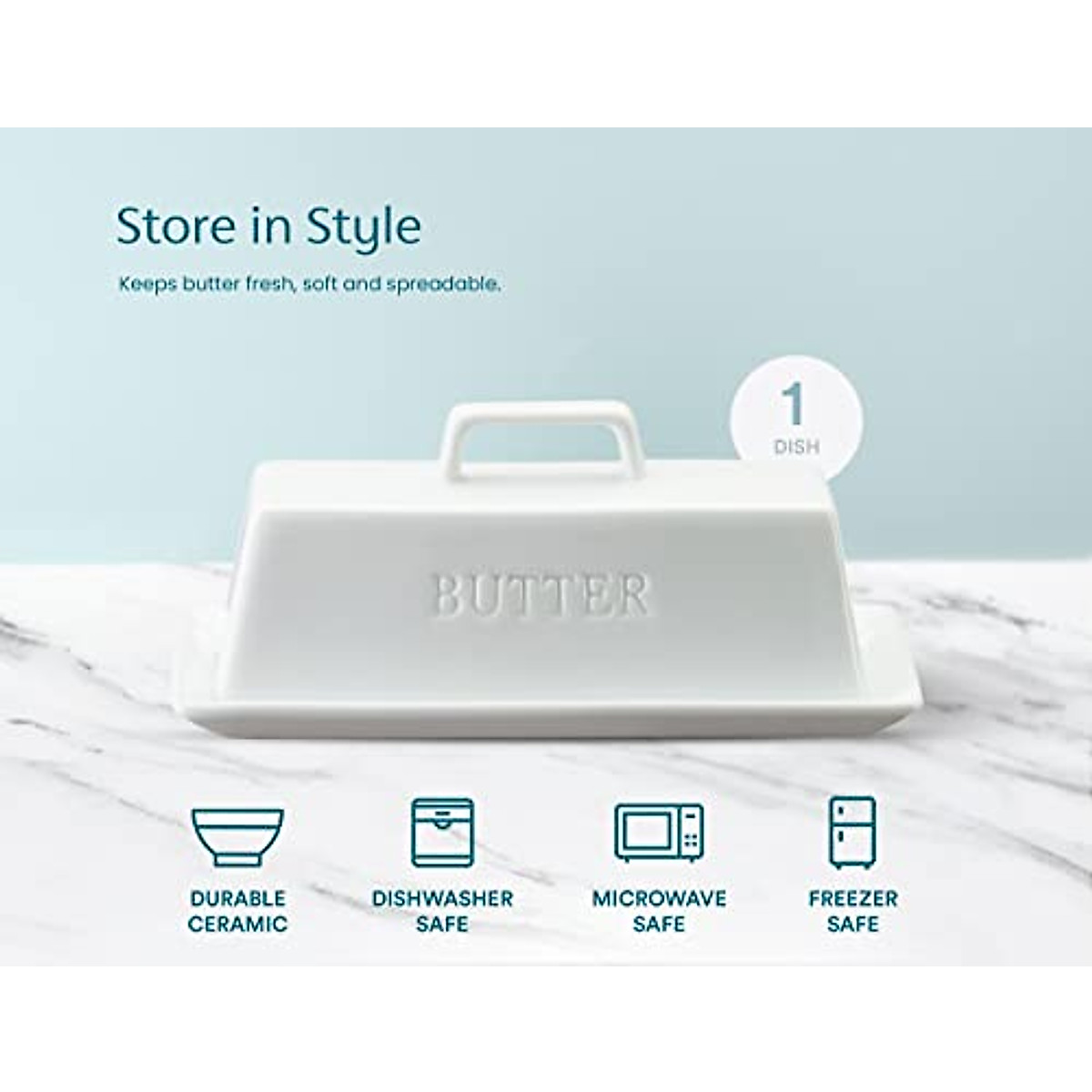 Kook Ceramic Butter Dish with Lid, Kitchen Countertop Butter Keeper, Serving Tray with Cover, Storage Container, Holds 1 Stick, Microwave and Dishwasher Safe, White