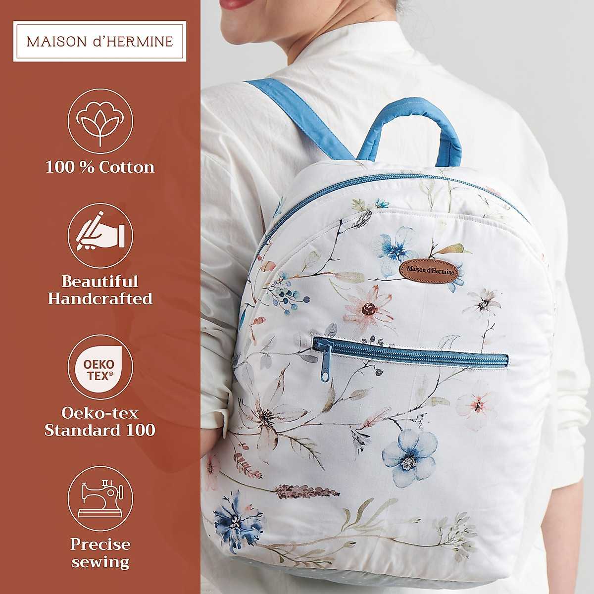 Maison d' Hermine Backpack Cotton Shoulder Backpack with Small Pouch Lightweight Bag for Travel Work Beach Perfect for Women & Men (Ice Florals)