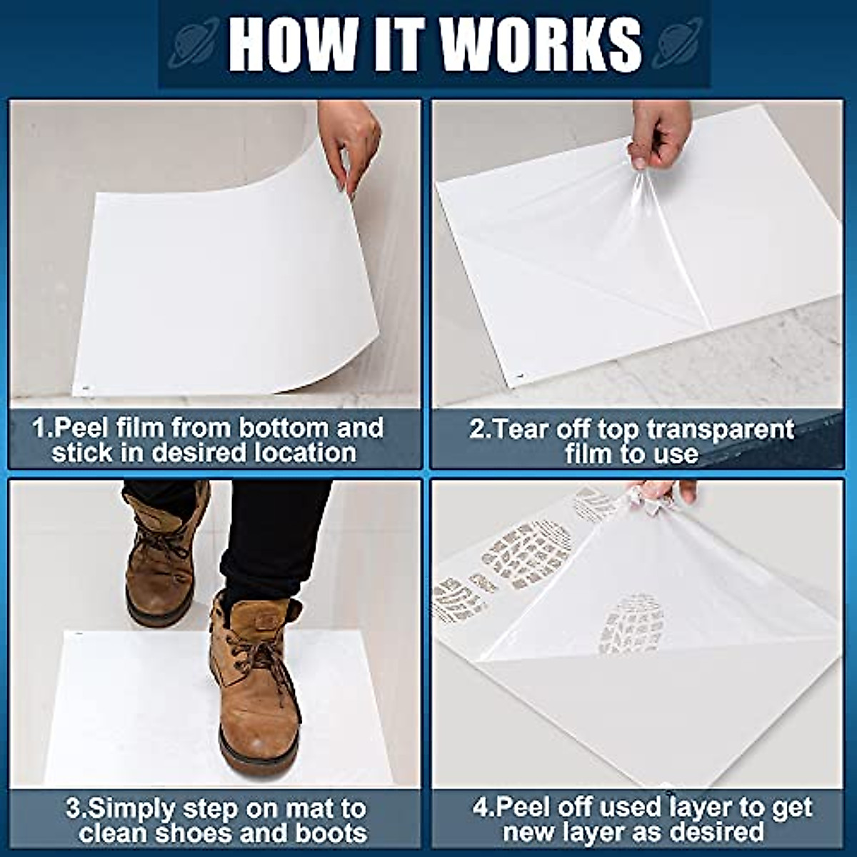 Sticky Mat for Construction or Cleanroom Floor - 4 Pack Adhesive Mats 17’’ x 13’’ - 30 Tacky Sheets Per Mat - Removes Dirt Dust Debris Sand Hair - Includes Handheld Mat