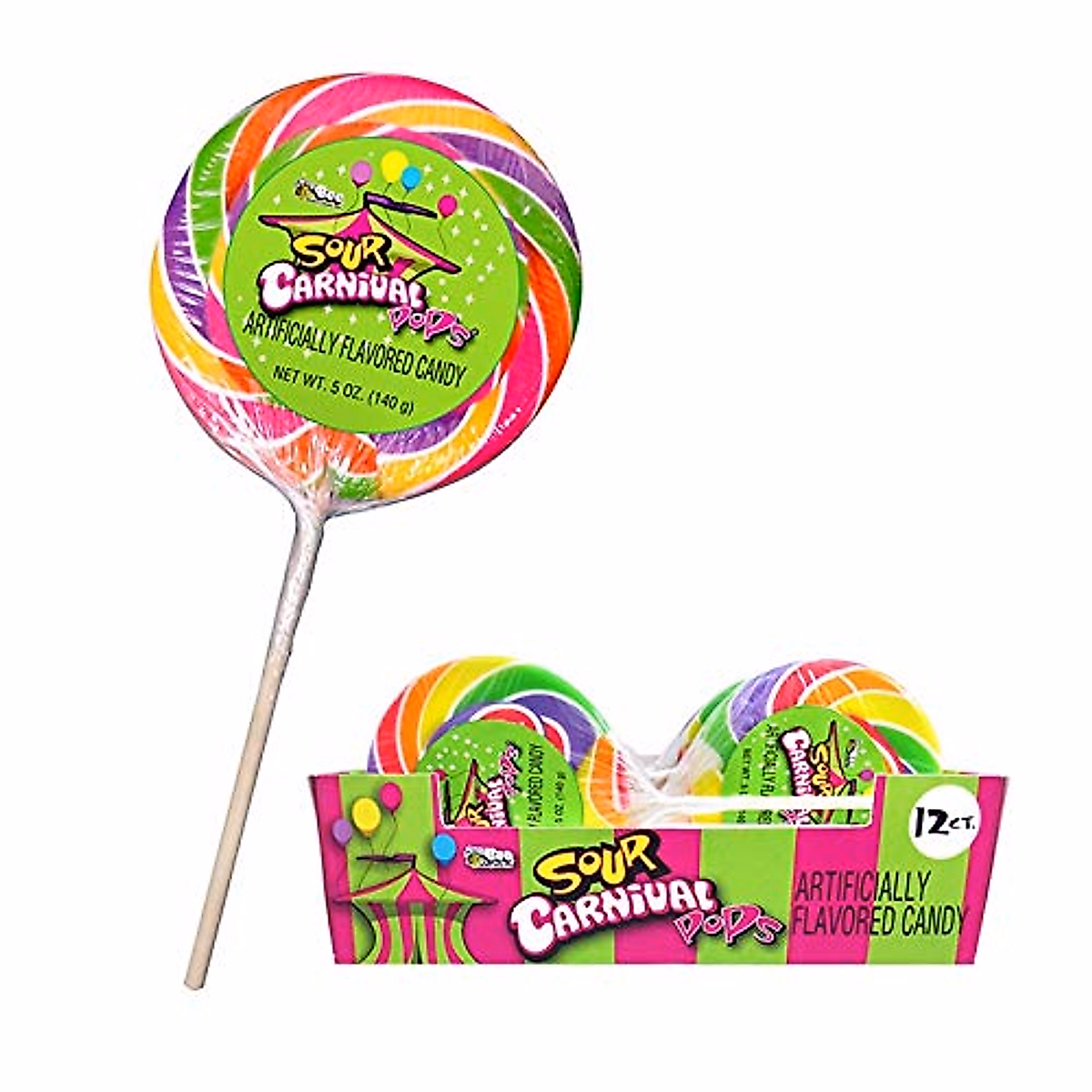 Giant 4.25 Ounce Sour Carnival Lollipop with multi swirl colors with carnival pop label - 12 Count Display Box
