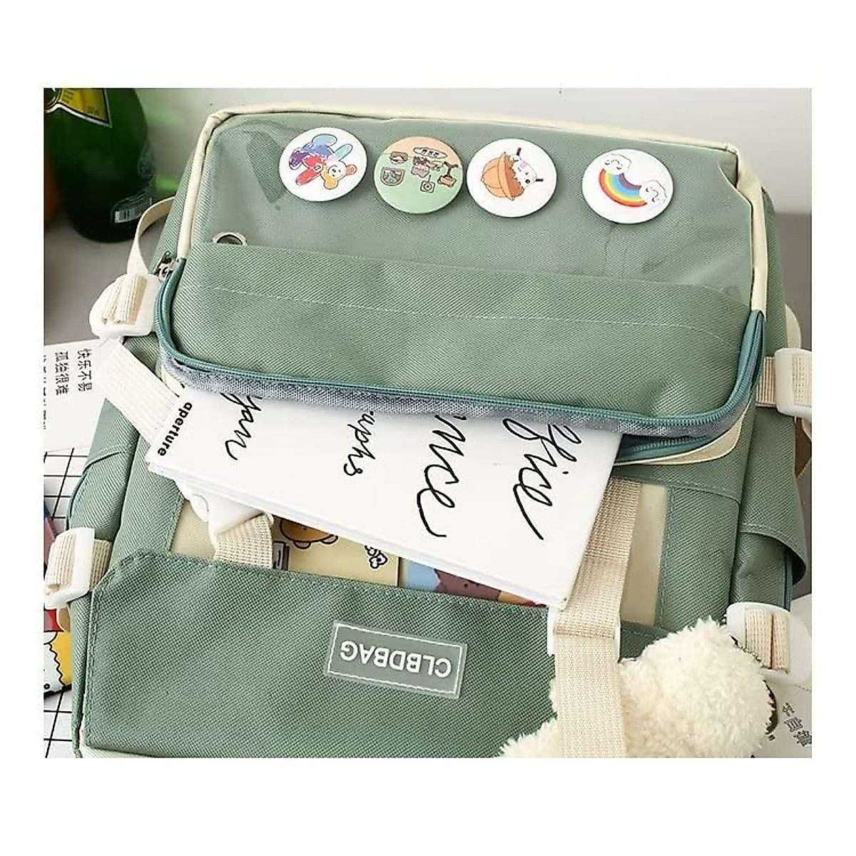 MOJIDUO Kawaii Backpack 4Pcs Set with cute plush Pendants & Badge,High capacity School Bag Cute Aesthetic Backpack