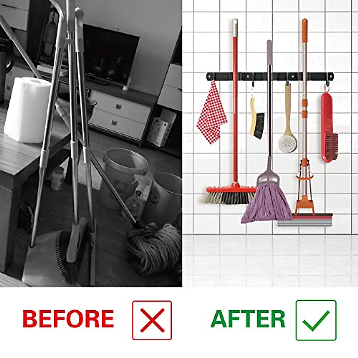 Charmount Mop and Broom Hanger Wall Mount - Mop and Broom Holder Wall Mount- Heavy Duty Broom Storage Rack Hook for Laundry Room, Garden,Garage (Black)