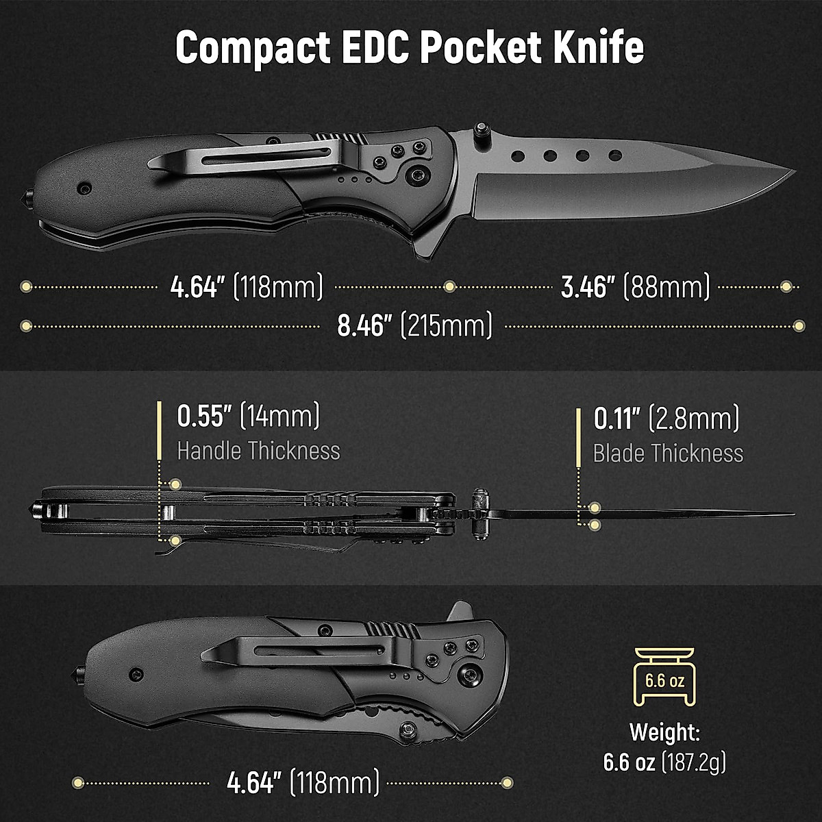 KEXMO Pocket Folding Knife - 3.46" Sharp Blade Tactical Pocket Knife with Clip, Glass Breaker - EDC Knives for Men Dad Women Hunting Survival Camping Fishing Hiking, Black