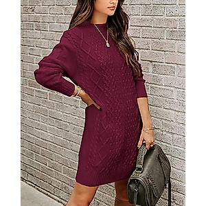 FSHAOES Womens Turtleneck Cable Knit Sweater Dress Fall Winter Long Sleeve Bodycon Mini Dresses Solid Long Pullover Jumper Wine Red