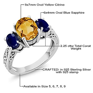 Gem Stone King 925 Sterling Silver Yellow Citrine and Blue Sapphire 3-Stone Engagement Ring For Women | 2.25 Cttw | Gemstone Birthstone | Available In Size 5, 6, 7, 8, 9