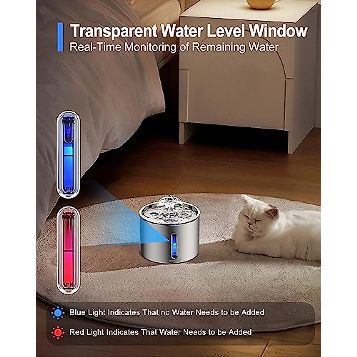 DiroPet Cat Water Fountain Stainless Steel, 84Oz/2.5L Automatic Pet Water Fountain for Cats Inside, Blue Red Water Level Window Cat Fountain,Fountain FilterX2, Pump FilterX2,PlugX1