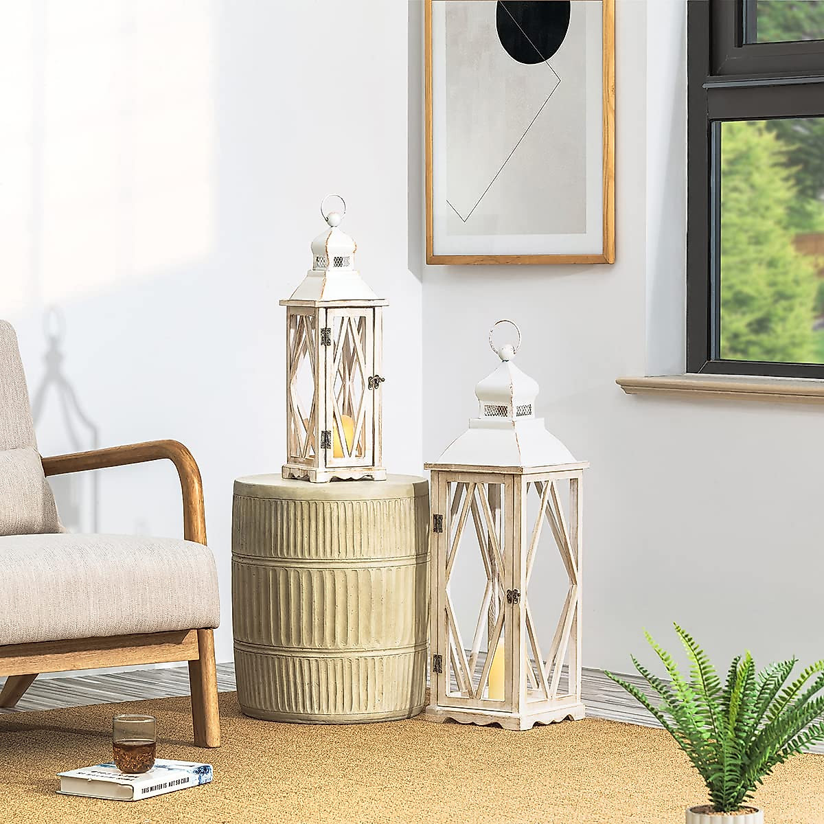 Glitzhome Farmhouse Wood Metal Lanterns Decorative Hanging Candle Lanterns White Set of 2 (No Glass)