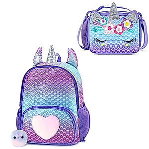 mibasies Kids Unicorn Backpack for Girls Rainbow School Bag with Lunch Box((Mermaid Purple)