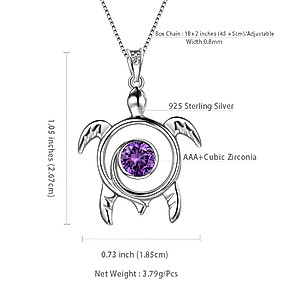Aurora Tears Turtle Necklace Customized Birthstone 925 Sterling Silver Sea Animal Personalized Turtle Pendant Women Cute Jewelry DP0172 (B.Purple-February-Amethyst)