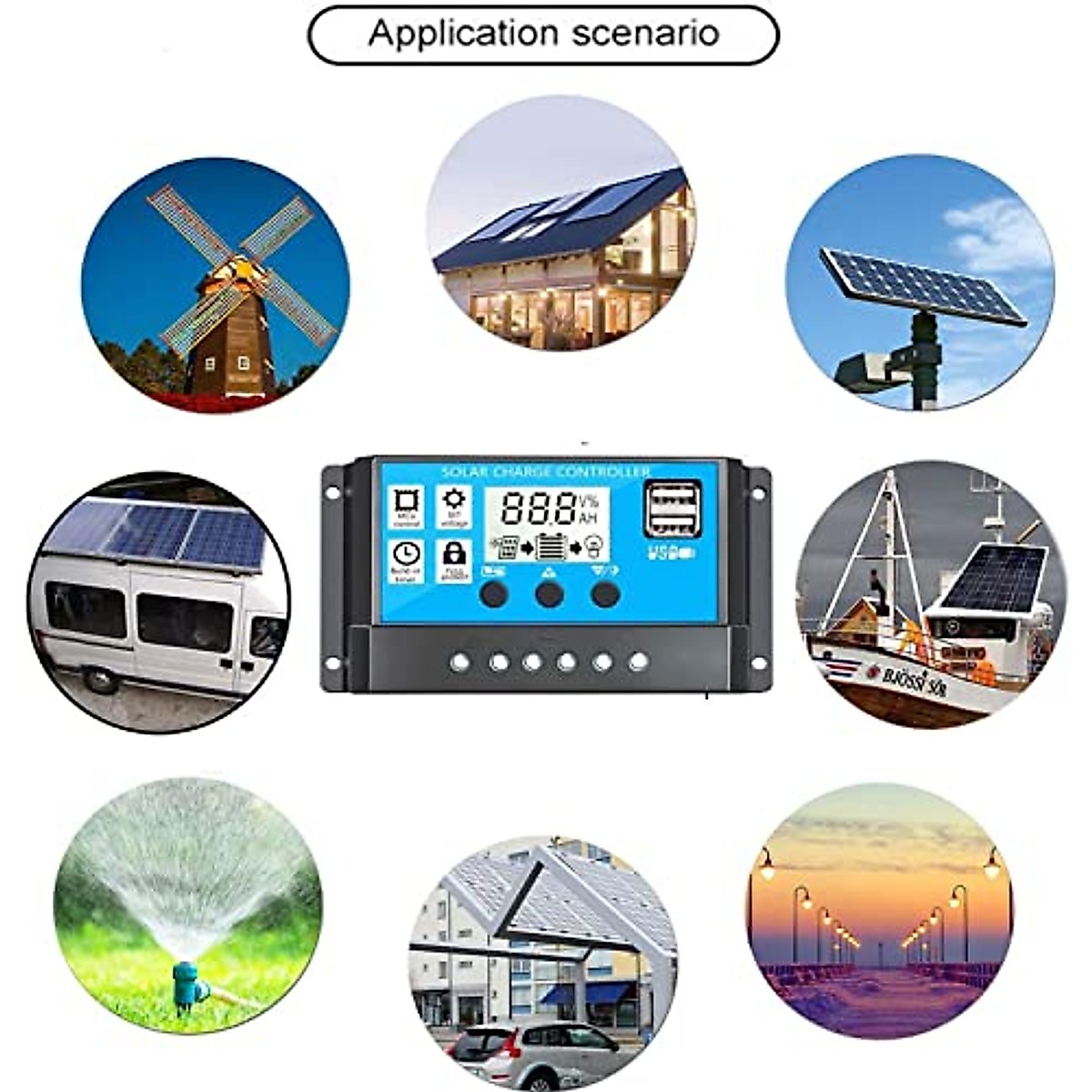 Jtron Solar Charge Controller, Charge Controllers for Solar Panel Battery Intelligent Regulator with Dual USB Port 12V/24V Auto Paremeter Multi-Function Adjustable LCD Display (YJSS-10A)