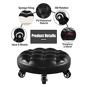 Lanstics Low Roller Seat Wheel Stool Chair PU Leather Rolling Stool Seats on Wheels for Home Office Fitness Round Roller Seat Stool (Black)