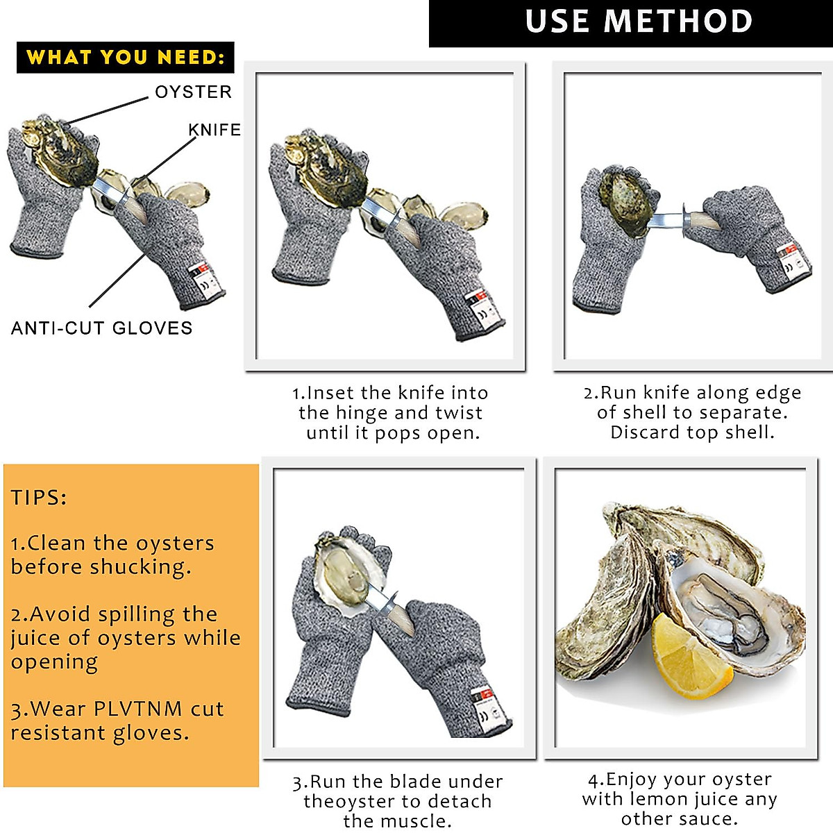 PLVTNM 2Oyster Knife Wooden Handle Oyster Shucking Knife Stainless Steel with 2Pairs Level 5 Cut-Resistant Gloves, Oyster Shucker Opener for Kitchen