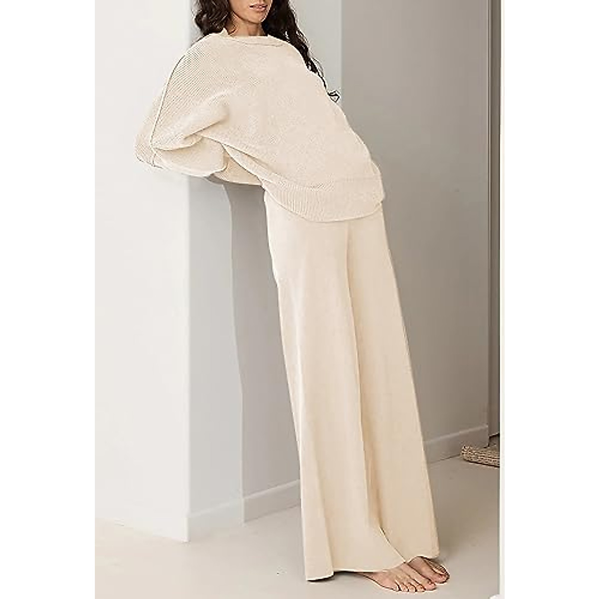 Linsery Womens Sweater and Pant Sets Batwing Sleeve Knitted Tops and Wide Leg Pants Comfy Set 2 Piece Knit Loungewear Tracksuit Apricot M