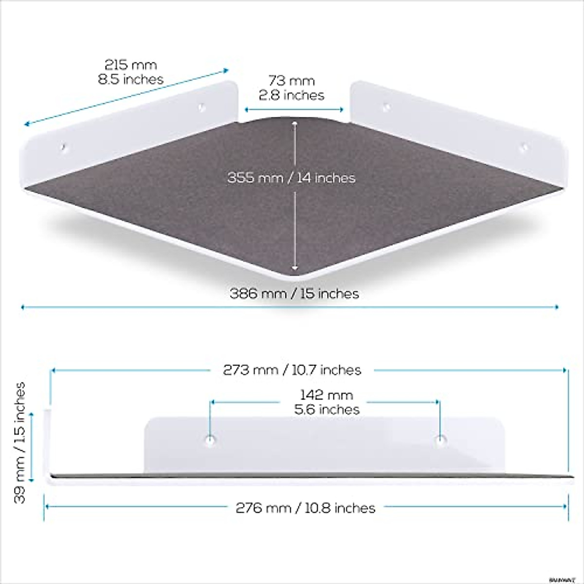 BRAINWAVZ 2-Pack 10” Corner Floating Shelf for Speakers, Books, Decor, Plants, Cameras, Photos, Kitchen, Bathroom, Routers & More Universal Small Holder Acrylic Wall Shelves (White)