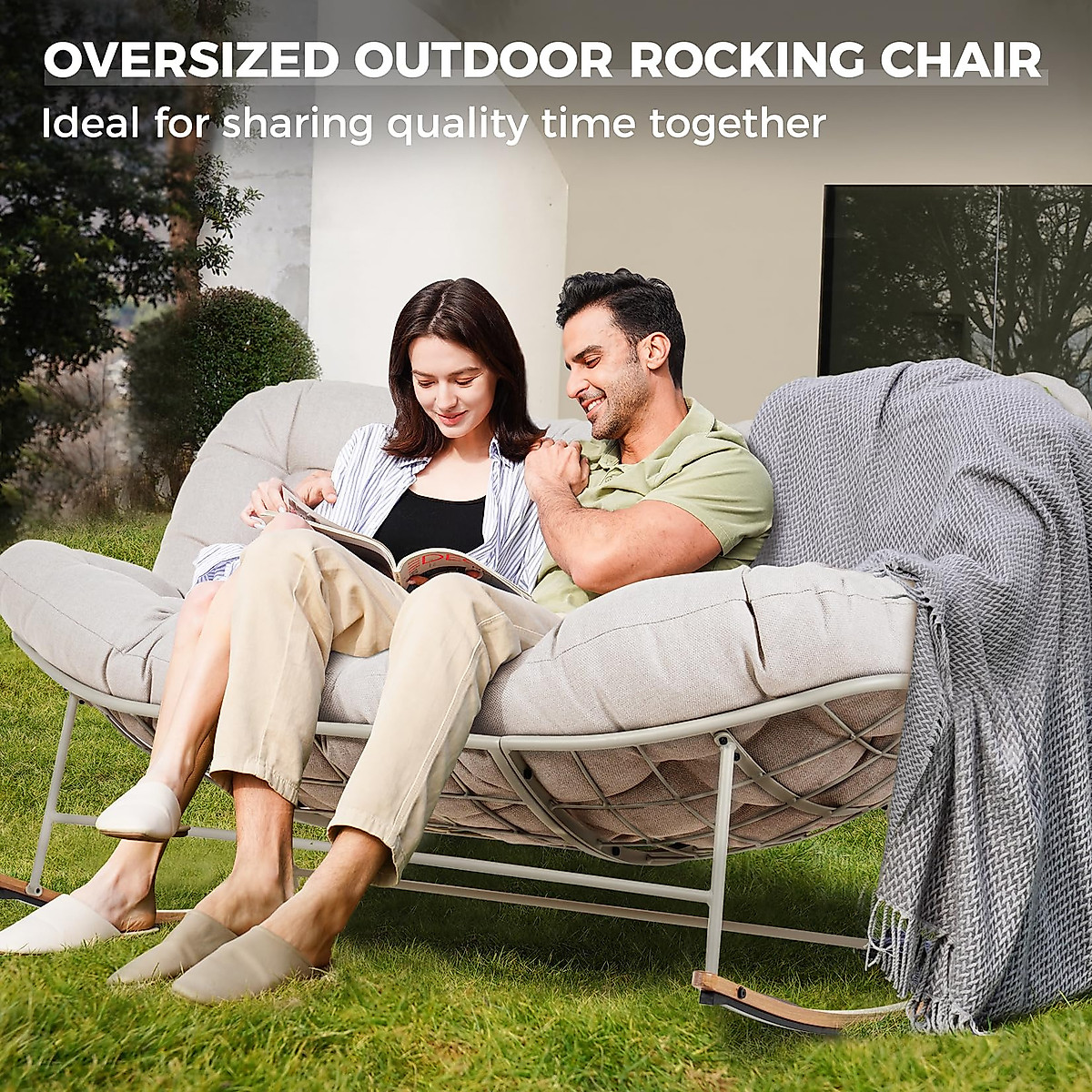 Grand patio Rocking Chair Outdoor, Oversized Rocking Chair for 2 with E-Coated Steel Frame and Thick Cushion, Comfy Papasan Rocking Chair for Patio Porch Deck Indoor