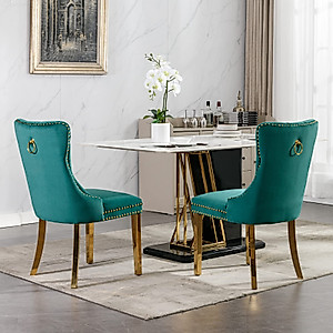 i-POOK Velvet Upholstered Dining Chairs Set of 2, High-end Tufted Wingback Dining Room Chairs with Ring Pull, Nailhead Trim and Gold Metal Legs, Luxury Dining Chairs for Living Room Kitchen, Green