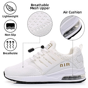 BOGOVER Womens Lightweight Air Running Shoes, Breathable Gym Jogging Running Tennis Sneakers with Air Cushion,No Tie (White, 8.5)