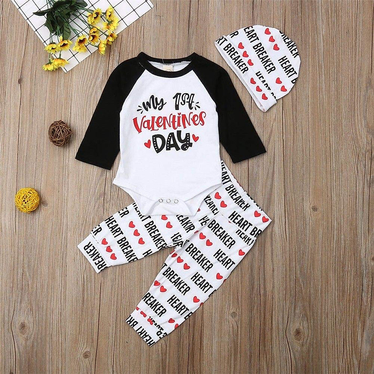 FIOMVA Newborn Infant Baby Boy Girl 1st Valentine's Day Clothes Letter Bodysuit Romper Pants Trousers Hat Set
