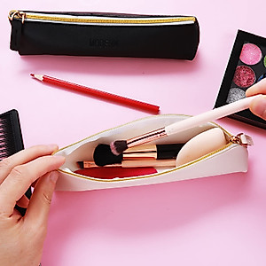 TIESOME Leather Pen Pencil Case, 2PCS Cute Slim Pen Bag Small Pencil Pouch Lovely Stationery Bag Portable Cosmetic Bag Zipper Bag for Pen Pencils Markers(Black+White)