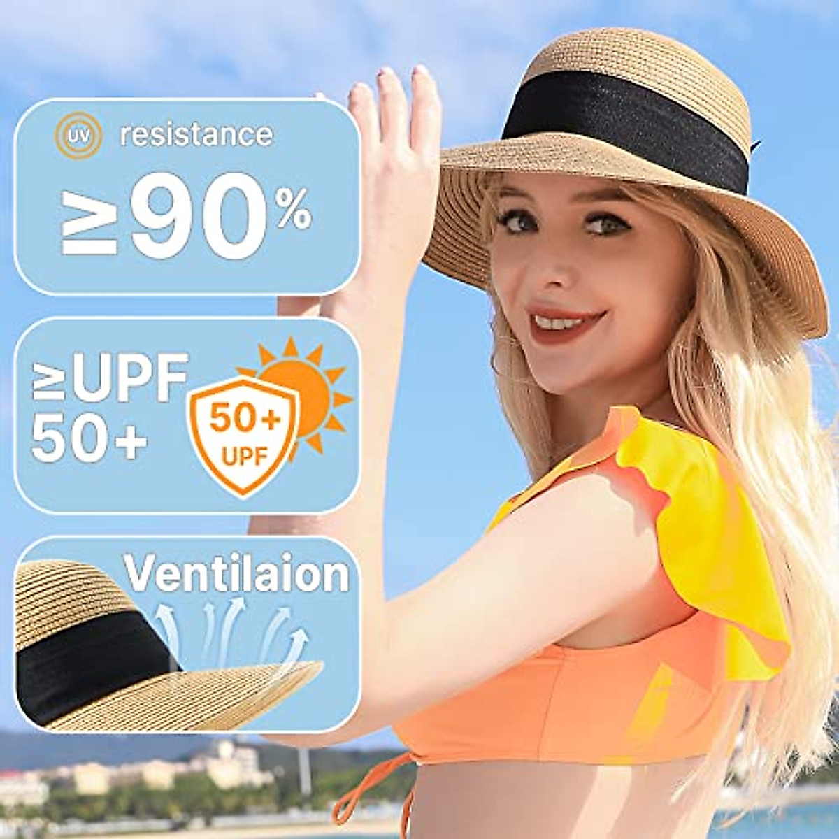 Beach Hats for Women, Straw Hat for Women UPF 50+ UV Sun Protection Sun Hat Foldable Roll up Cap Khaki