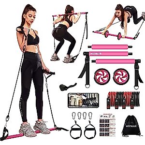 HOTWAVE Pilates Bar Kit with Resistance Bands. Fitness Bar with Ab Roller for Abs Workout. Squat Machine.Core Strength Training Equipment.Portable Home Gym for Men and Women