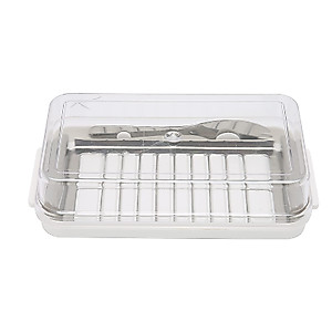 Stainless Steel Cutter Style Butter Case, Butter Slicer Metal Saucer with Plastic Transparent Cover Covered Cheese Storage Container with Knife for Kitchen(White)