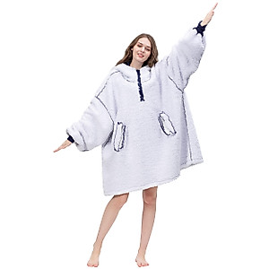 Sunolga Wearable Blanket Oversized Microfiber & Sherpa Wearable Blanket Hoodie, Sweatshirt with Hood Pocket and Sleeves, Super Soft Warm Plush Hooded Blanket for Adult Women Men, One Size Fits AllBlue