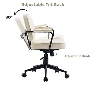 HEAH-YO PU Leather Home Office Desk Chair, Height-Adjustable Computer Desk Chair with Wheels and Arms, Swivel Task Chair with Back Support for Home Office, White